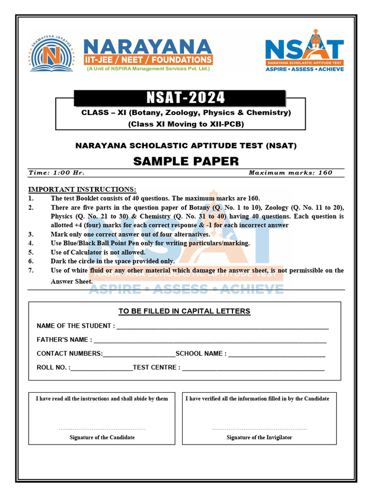 Class Xi To Xii Nsat QP PCB | PDF | Force | Mass