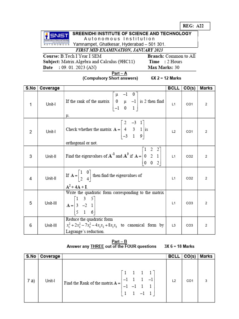 Mid 1 psuc | PDF | Matrix (Mathematics) | Matrix Theory