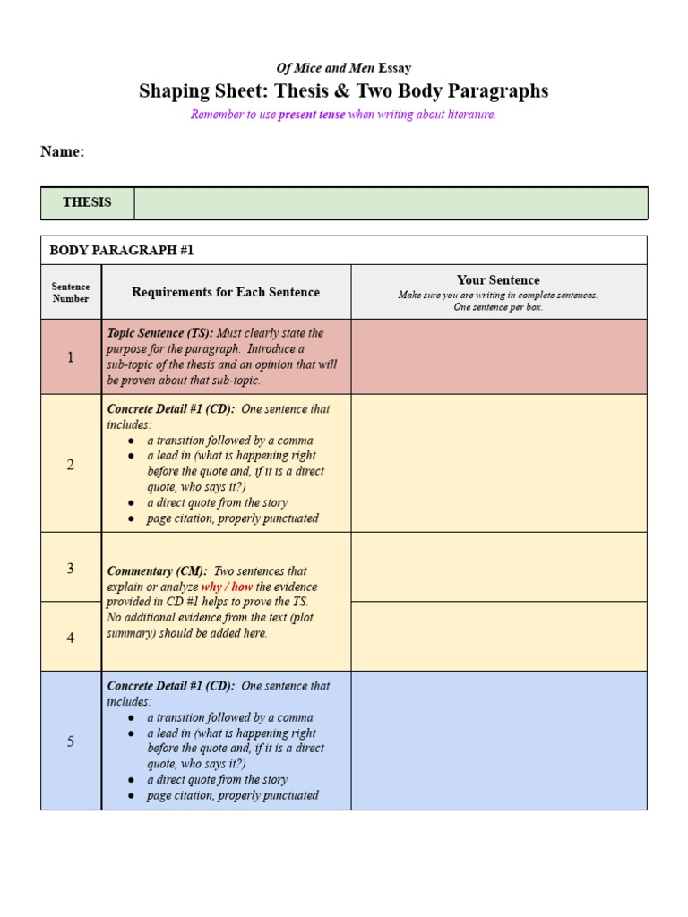 Shaping Sheet - Two Body Paragraphs | PDF | Paragraph | Citation