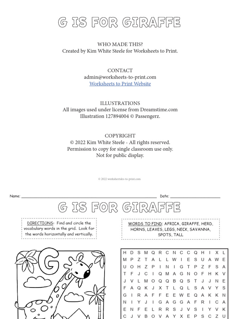 Giraffe Word Search Coloring Page | PDF