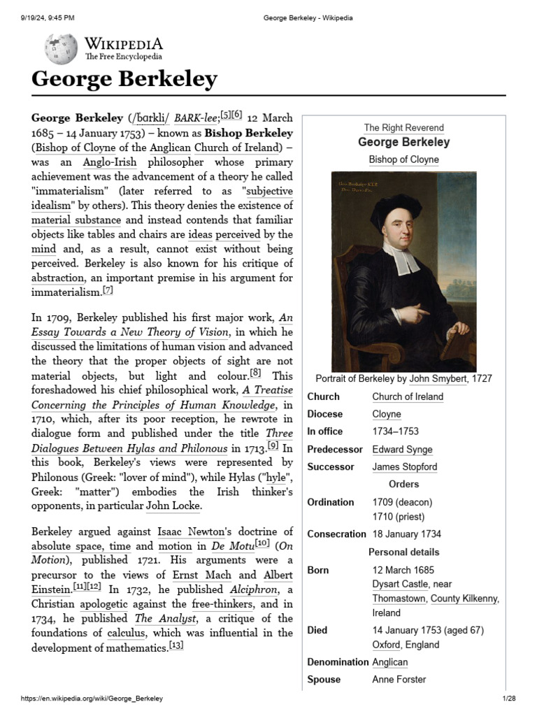 George Berkeley - Wikipedia | PDF | Idea | Idealism