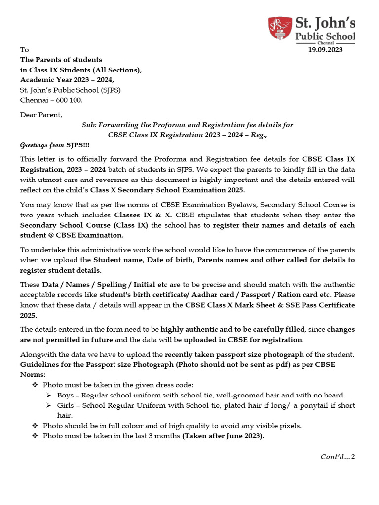 CBSE Class IX Registration Details 2023-24 | PDF