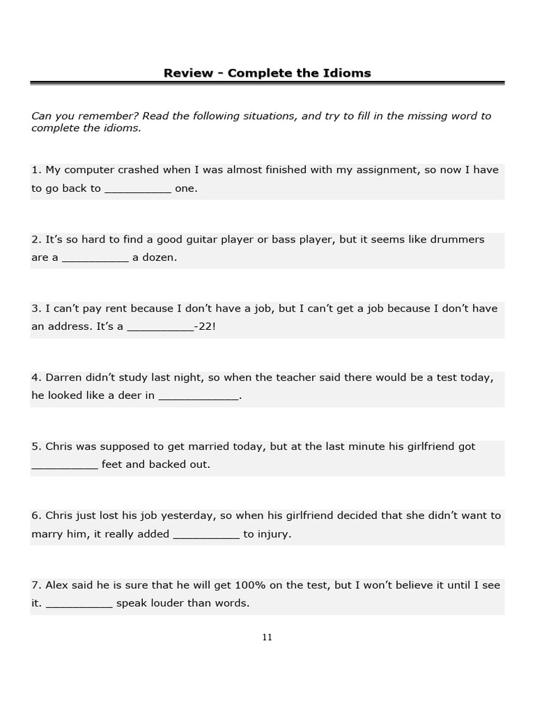 Idioms Review A To e | PDF | Sports & Recreation | Language Arts ...