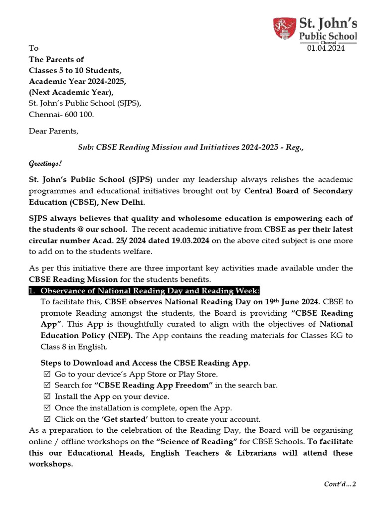 Classes 5-10 - CBSE Reading Mission and Initiatives 2024-2025 | PDF ...