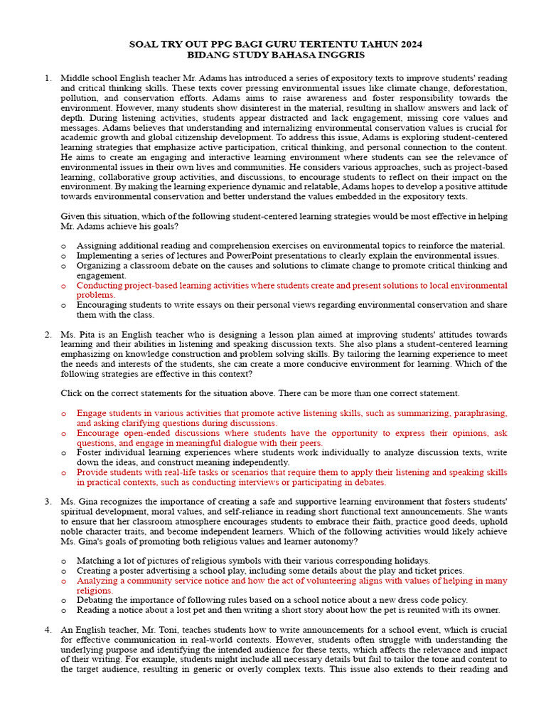 Soal Try Out PPG Bahasa Inggris 2024 | PDF | Learning | Reading ...