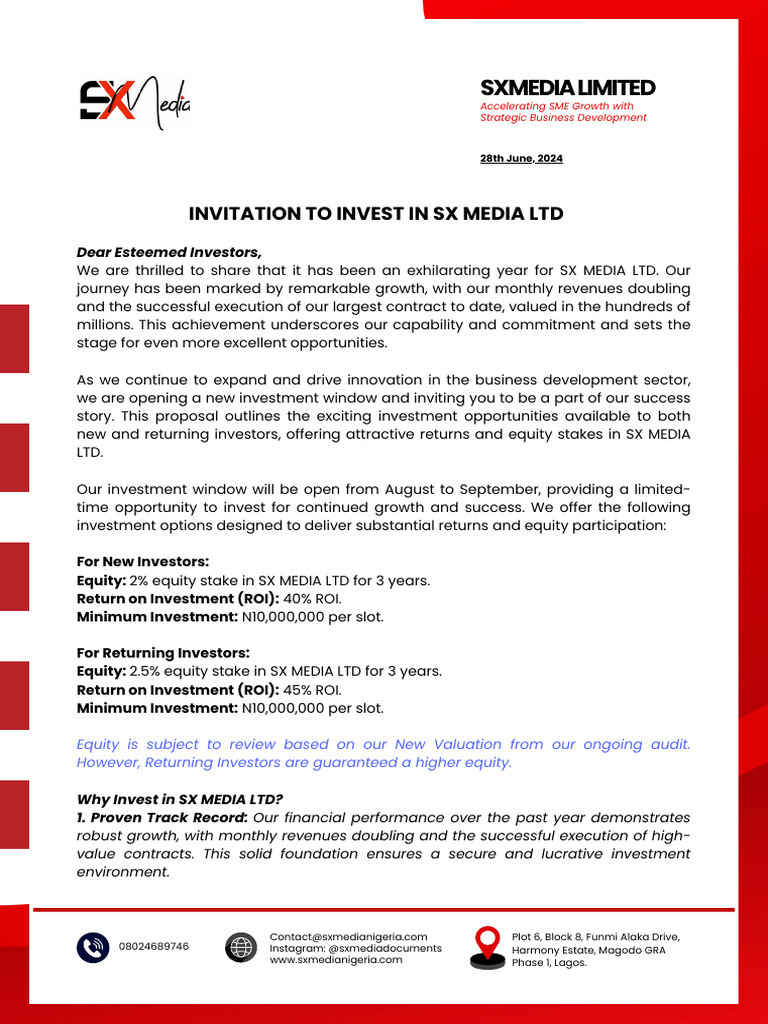 INVITATION TO INVEST IN SX MEDIA | PDF | Investing | Return On Investment