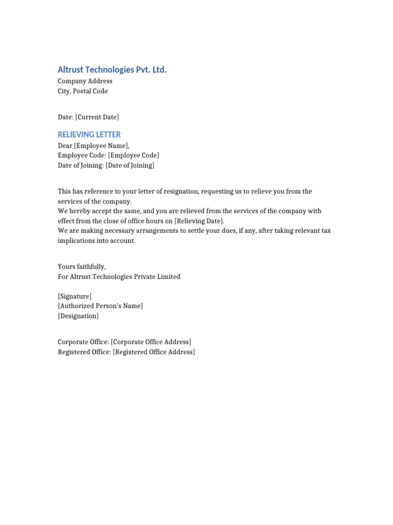 Relieving Letter Template | PDF