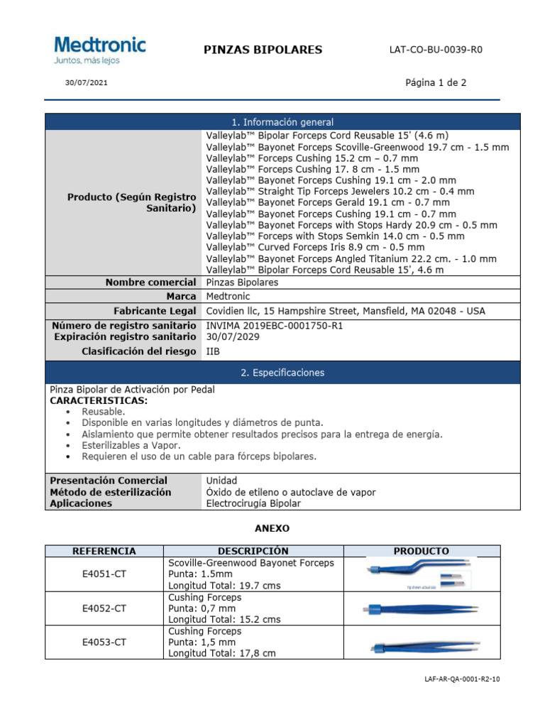 Ficha Técnica - PINZAS BIPOLARES Medtronic | PDF