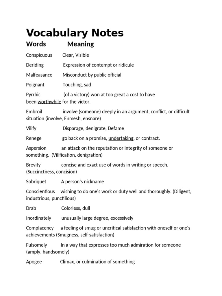Vocabulary Notes | PDF | Fear