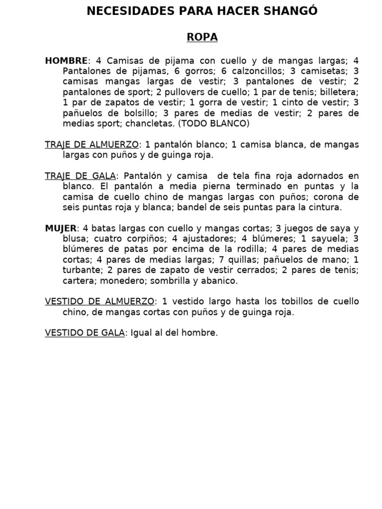 Lista de Necesidades para Shangó | PDF | Alimentos