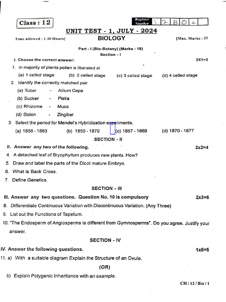 12th Biology Unit Test 1 Question Paper Chennai District English Medium ...