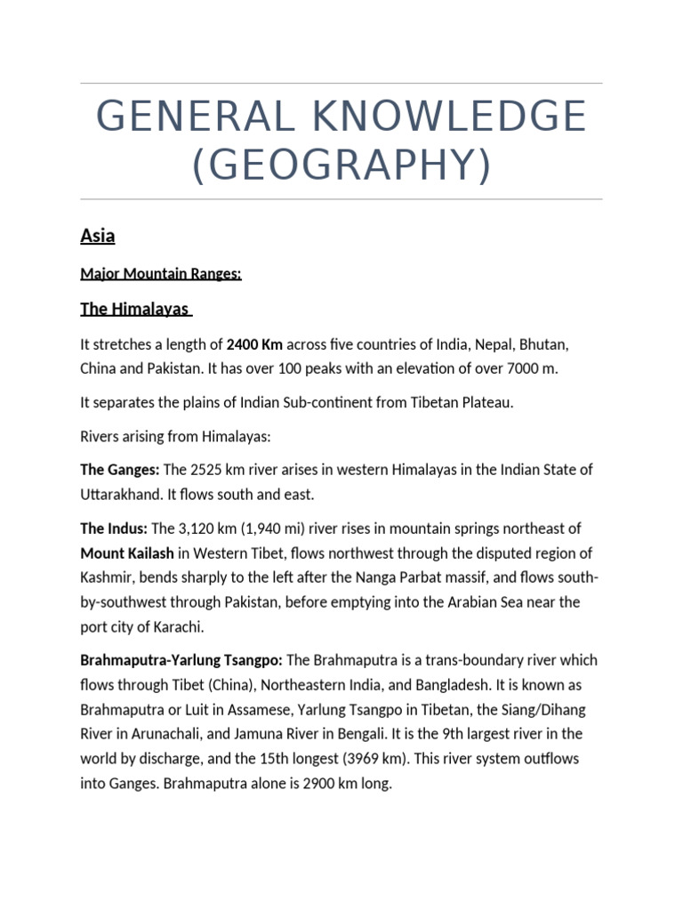 General Knowledge(Geography) | PDF | Himalayas | Earth Sciences