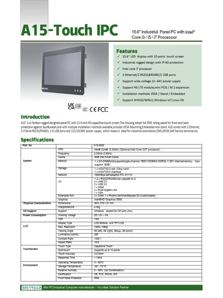 A15 5300U Industrial Panel PC Specification | PDF | Touchscreen | Personal Computers