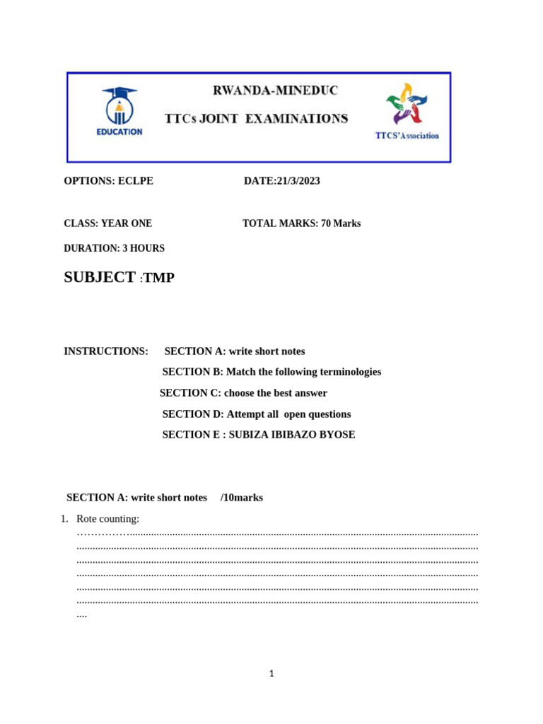 Y1 TMP For Pre Primary Exam by Eclpe New Boss | PDF | Cognitive Development | Cognitive Science