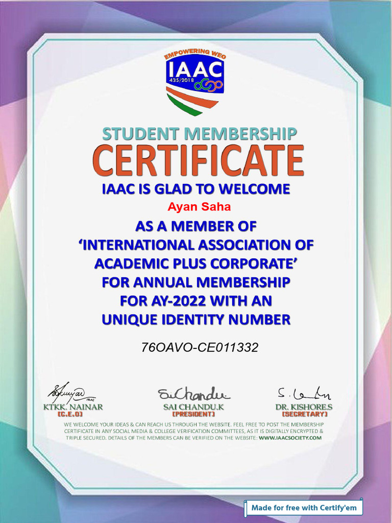 Certificate For Ayan Saha For - Iaac Student Membership | PDF