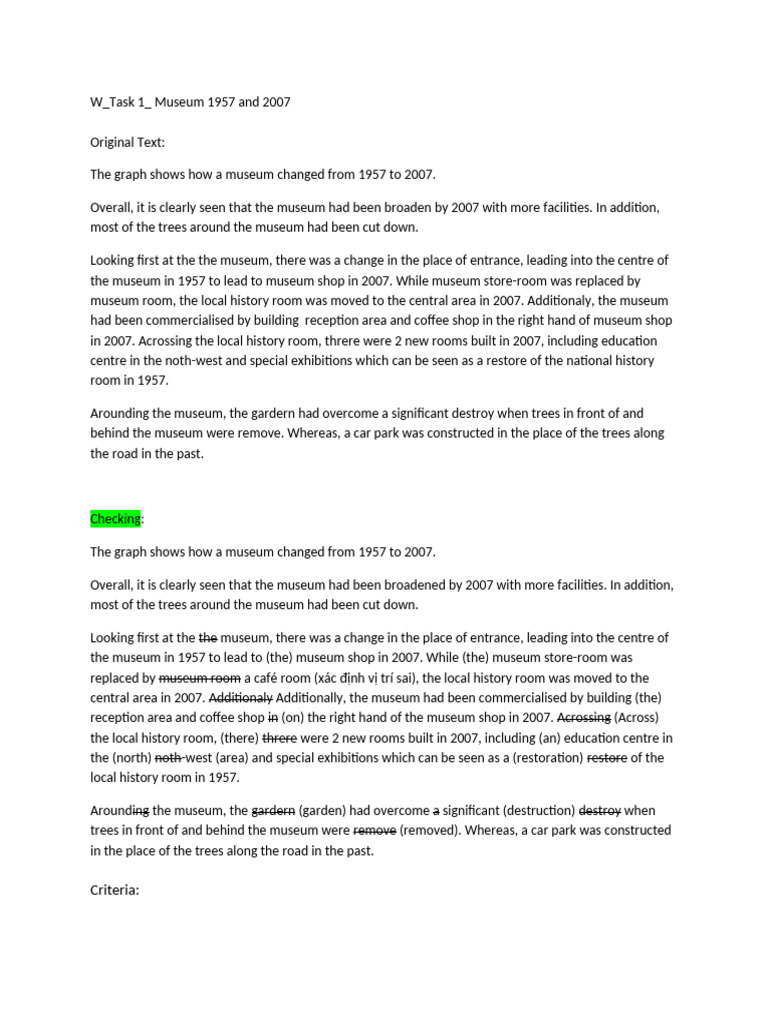 W - Task 1 - Museum in 1957 and 2007 - Scores | PDF | Grammar | Cognitive Science