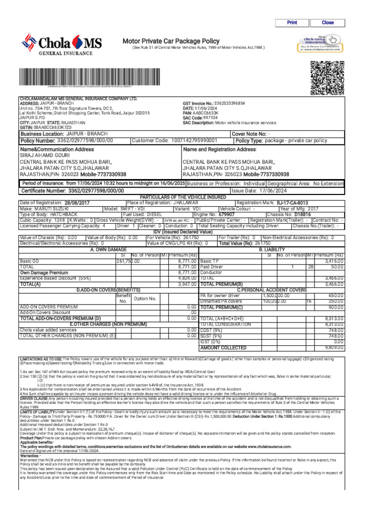 Siraj Ahamd Bima Swift | PDF | Insurance | Deductible