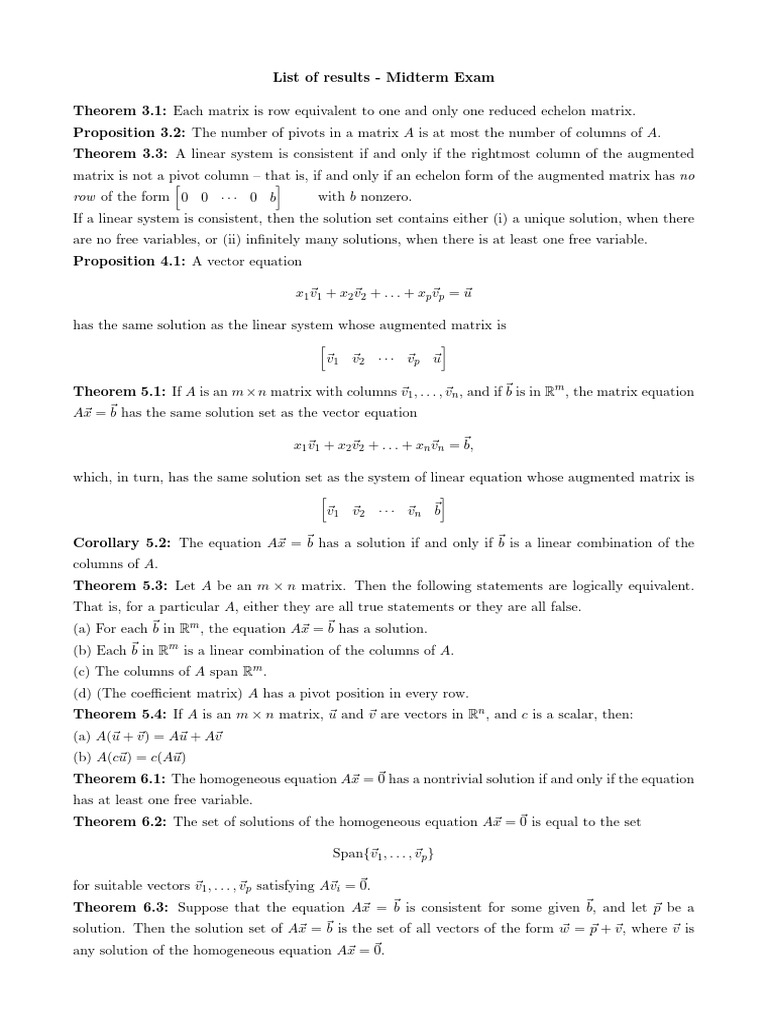 Midterm - List of Theorems | PDF | Matrix (Mathematics) | System Of ...