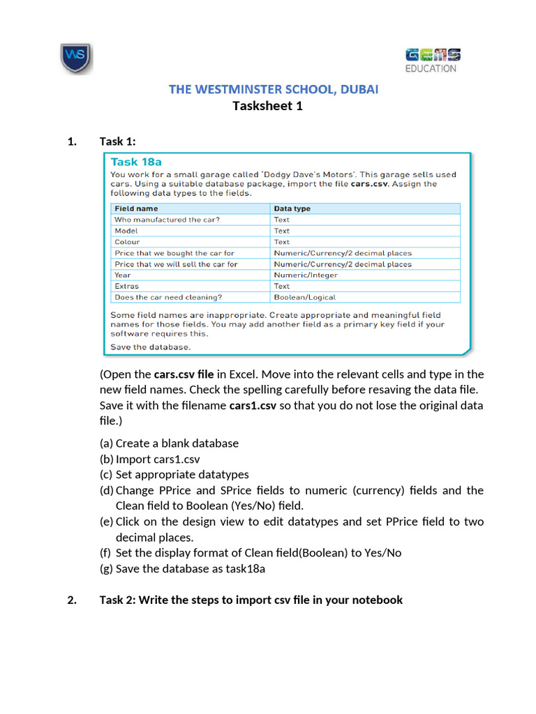 Year 10 - Database Task Sheet 1 | PDF