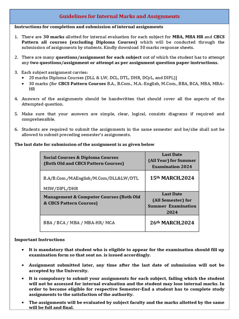 Guidelines For Internal Marks and Assignments: 15 MARCH, 2024 | PDF ...