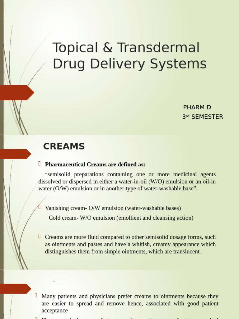 Topical Drug Delivery Systems Guide | PDF | Topical Medication | Emulsion