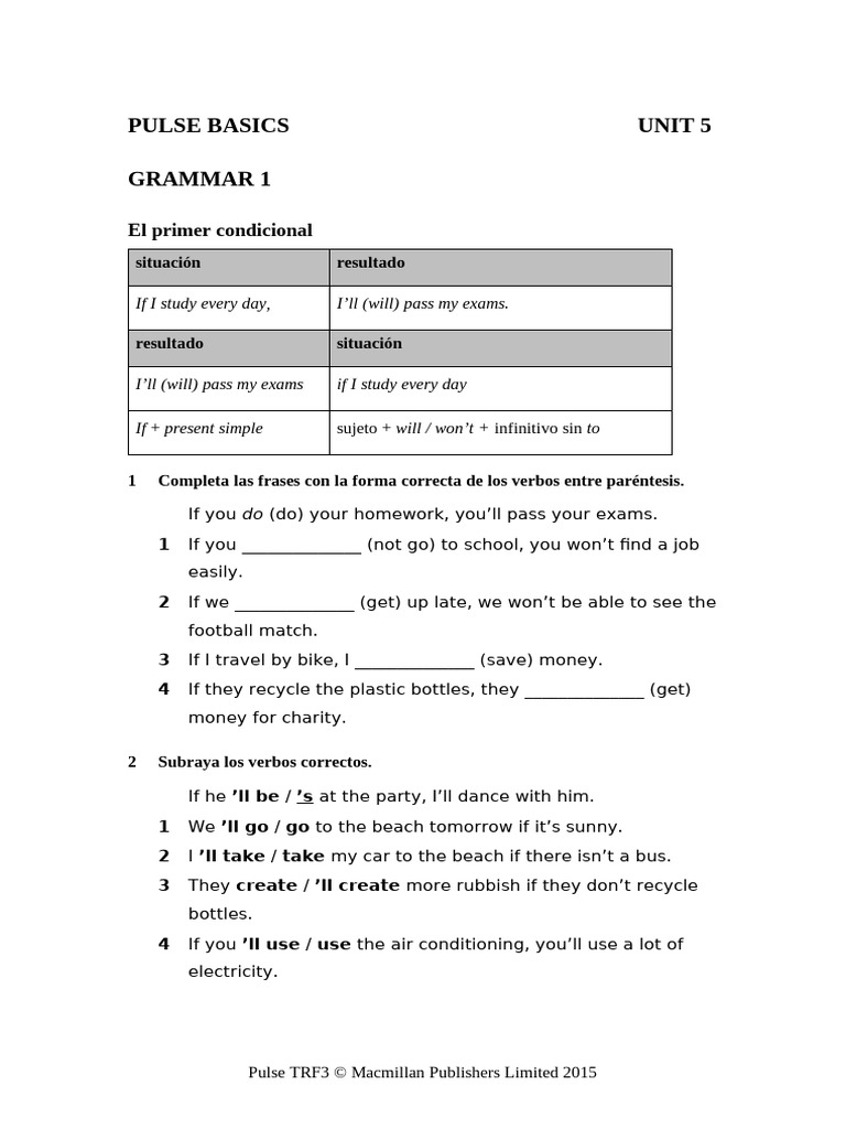 Pulse trf3 U5 Basics Grammar 1 Cast | PDF