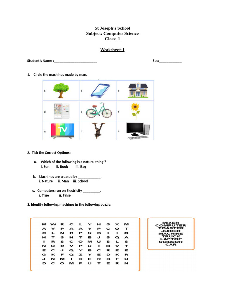 Computer Science Worksheet for Class 1 | PDF