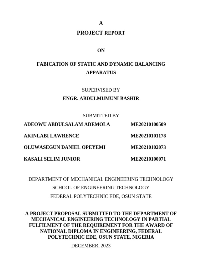 Static and dynamic balancing apparatus Project | PDF | Machines | Force