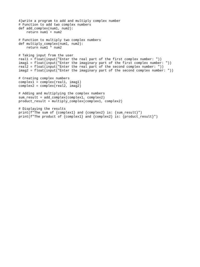 4) Write A Program To Add and Multipe Complex Number | PDF | Computers