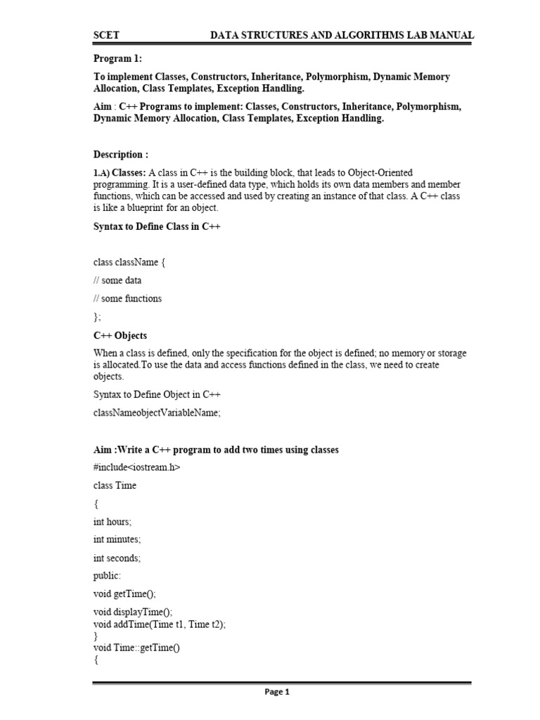 Lab_Manual01_a | PDF | C++ | Class (Computer Programming)