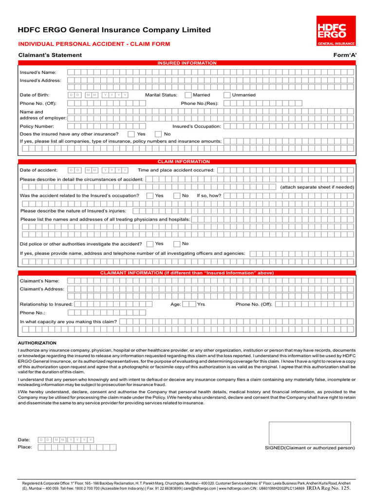 HDFC ERGO Accident Claim Form | PDF | Insurance | Fraud