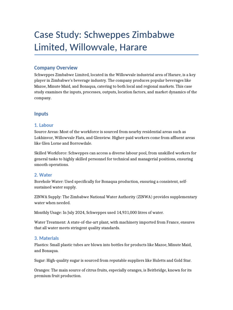 Schweppes Zimbabwe Limited Case Study | PDF | Juice | Diet & Nutrition