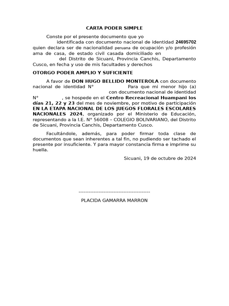 Carta Poder Simple - 084118 | PDF | Documento de identidad | Gobierno y ...