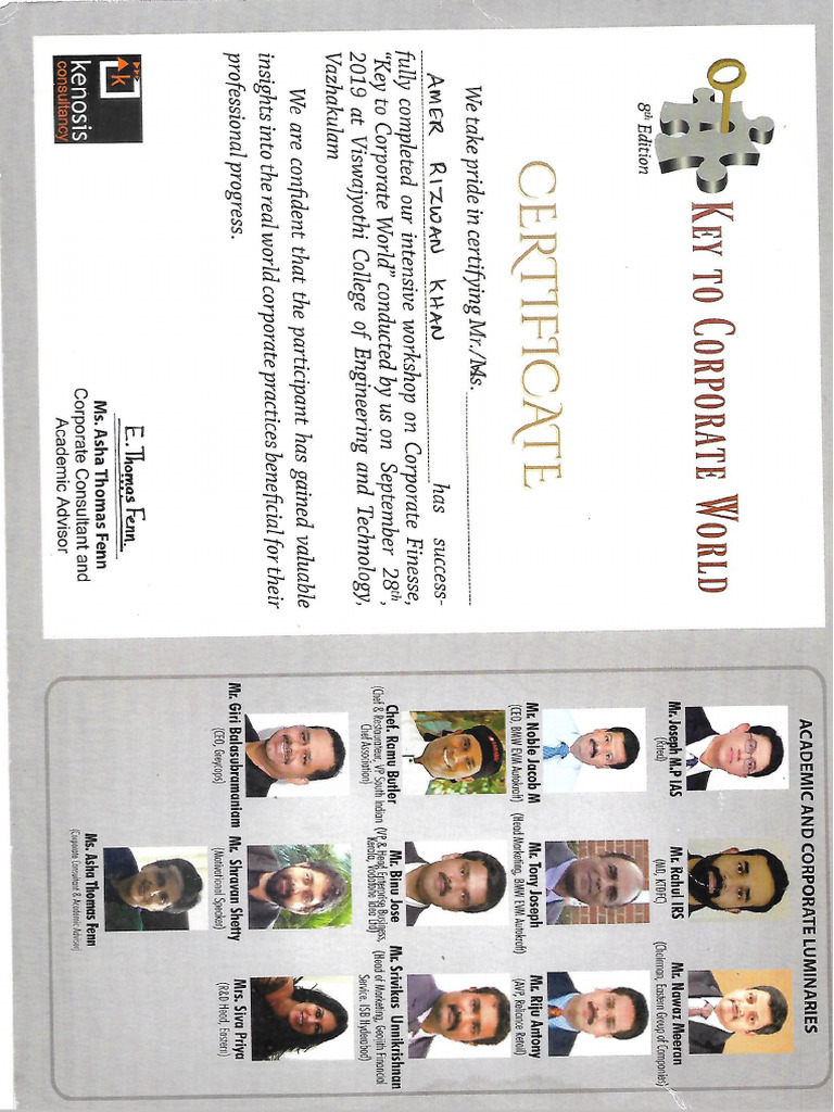 Key To Corporate World (Certificate) | PDF
