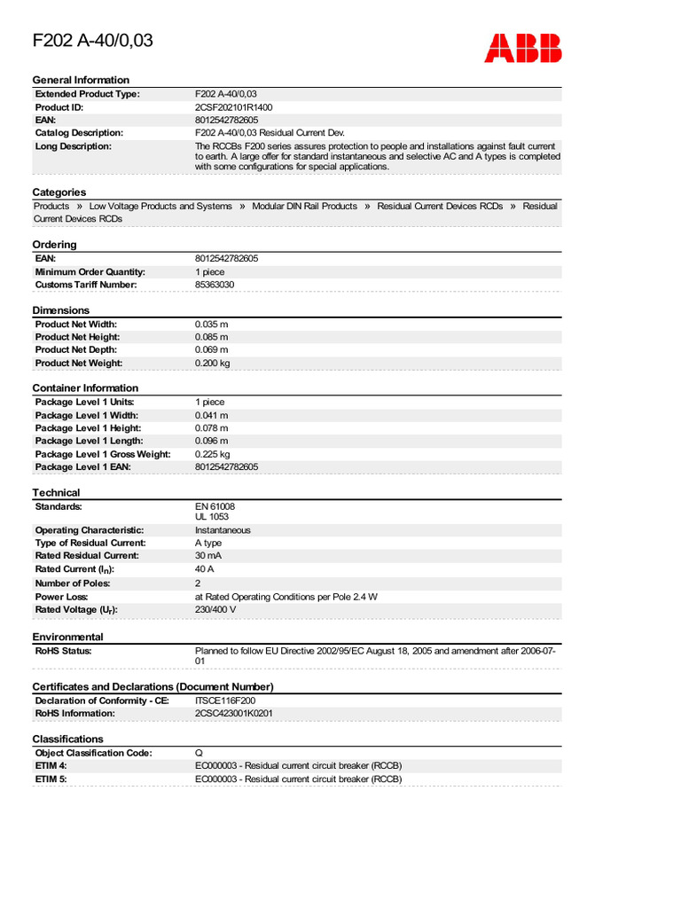 Diferencial Mono ABB F202 A-40-0.03 40A | PDF