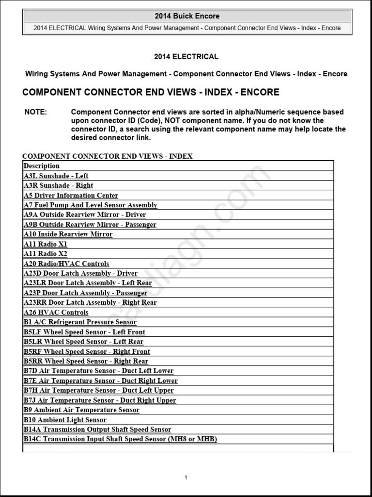 2014 Buick Encore Wiring Diagram Index | PDF | Headlamp | Airbag