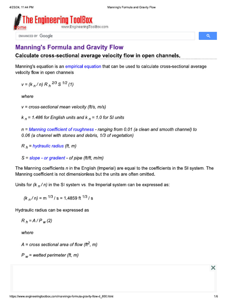 SEWAGE Pipelines Calculations ( Manning Equation) | PDF