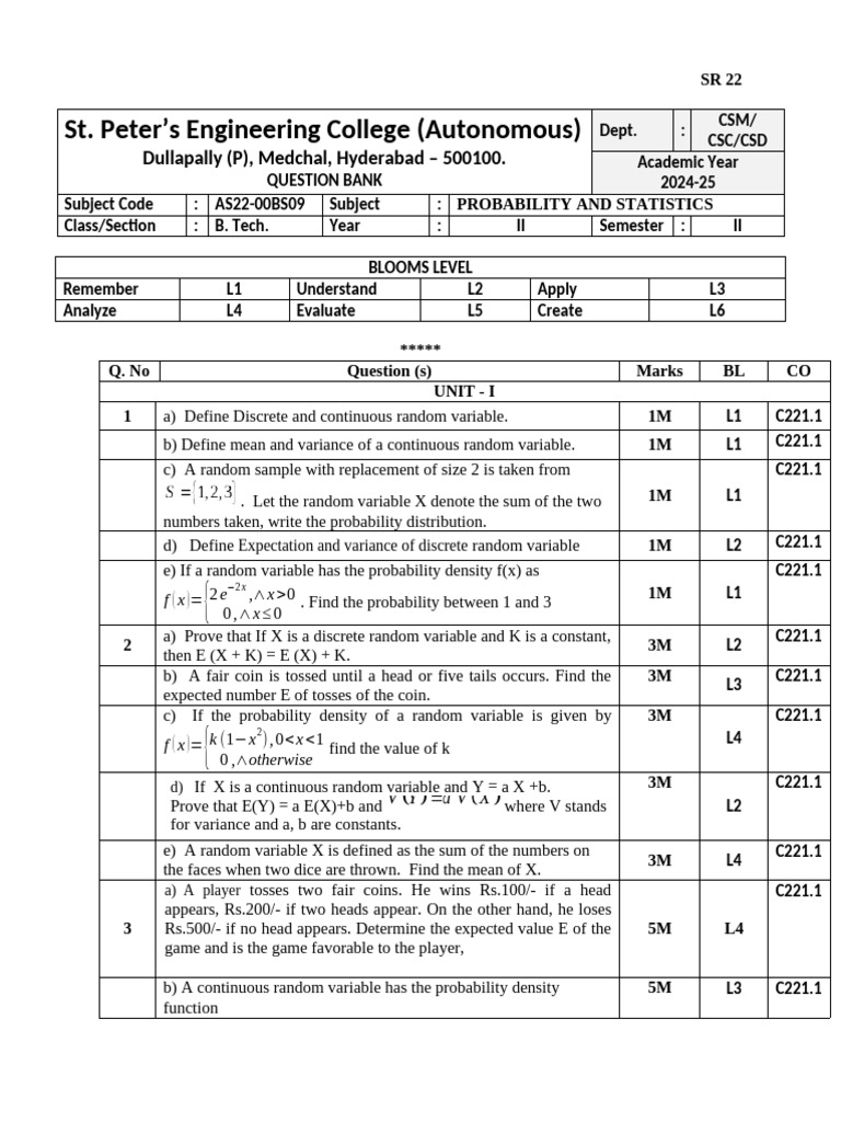 P and S Question Bank (2024-2025) | PDF | Random Variable | Probability Distribution