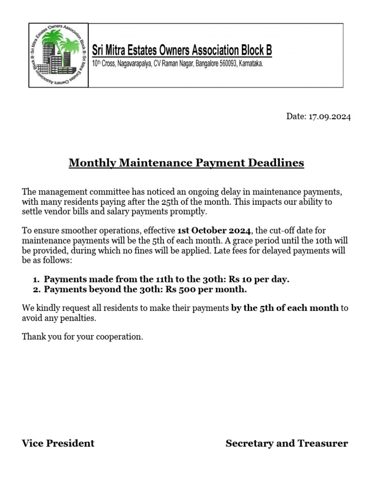 Monthly Maintenance Deadlines | PDF