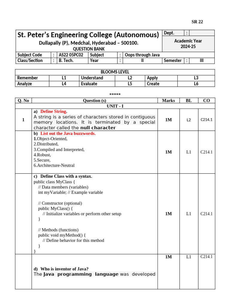 Question Bank With Answers - OOPs Through JAVA - Total 5 Units | PDF ...