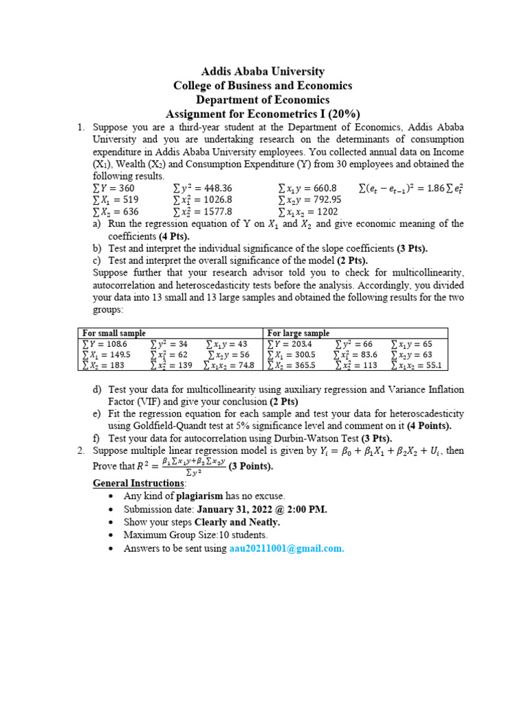 Econometrics Assignmnent | PDF | Regression Analysis | Multicollinearity