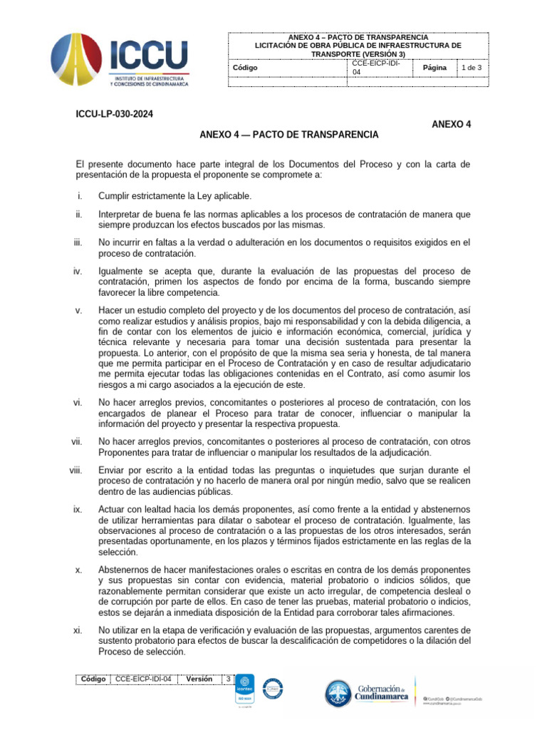 Anexo 4 - Pacto de Transparencia ICCU-LP-030-2024 FUNZA | PDF | Finanzas y dinero