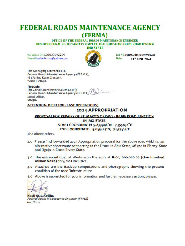 Proposal For Repairs of St. Mary's Okigwe - Ihube Road Junction in Imo ...