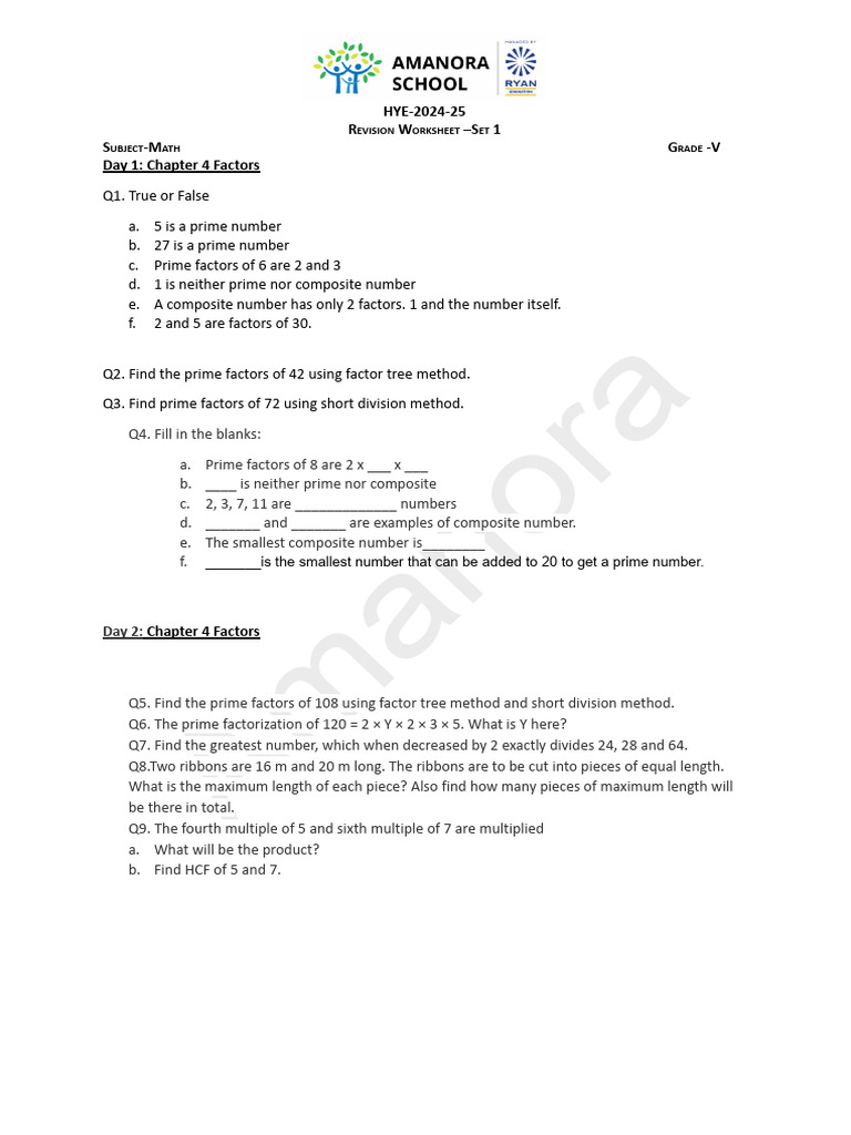 Grade V Math Revision: Factors & Multiples | PDF | Prime Number | Numbers