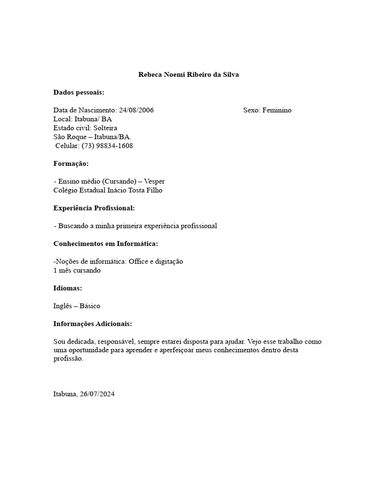 Curriculo Rebeca Noemi Ribeiro Da Silva | PDF