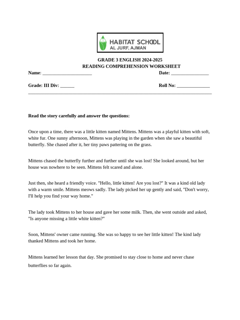 Reading Comprehension Worksheet | PDF | Language Arts & Discipline