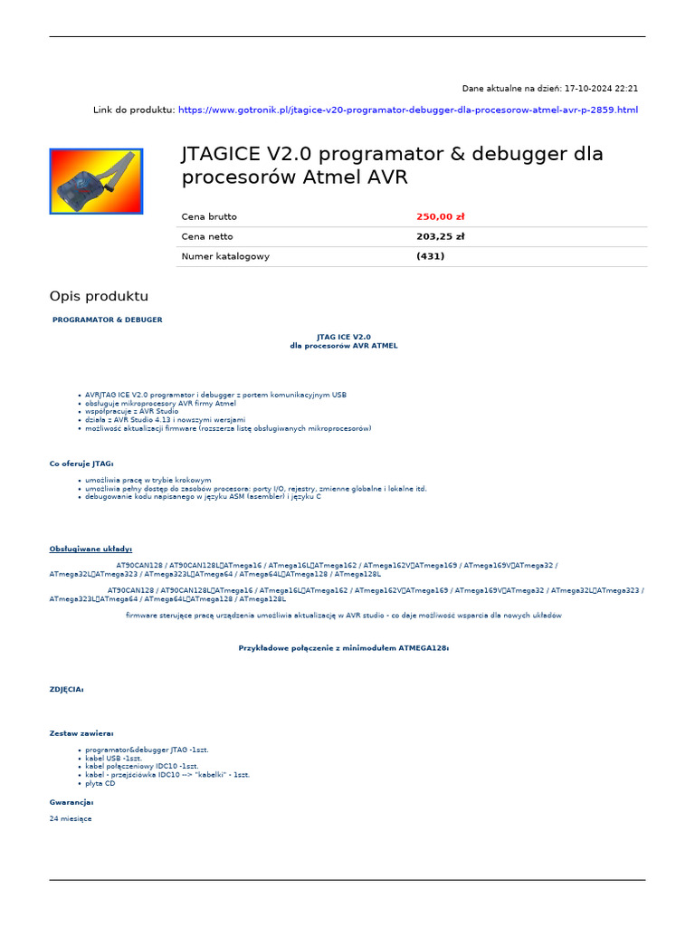 Jtagice v20 Programator Debugger Dla Procesorow Atmel Avr | PDF