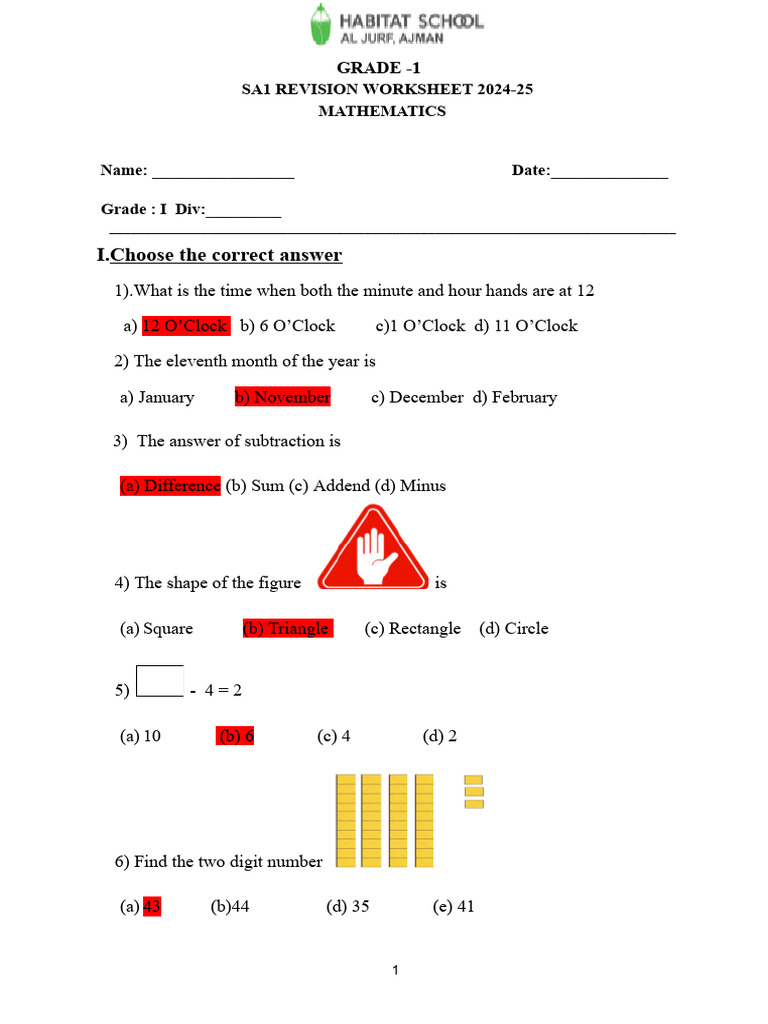 Answer Key -Grade 1-Math Revision Worksheet- Worksheet .Docx 1 | PDF ...