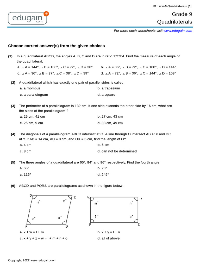 Grade 9 Quadrilaterals Worksheet | PDF | Triangle | Euclid