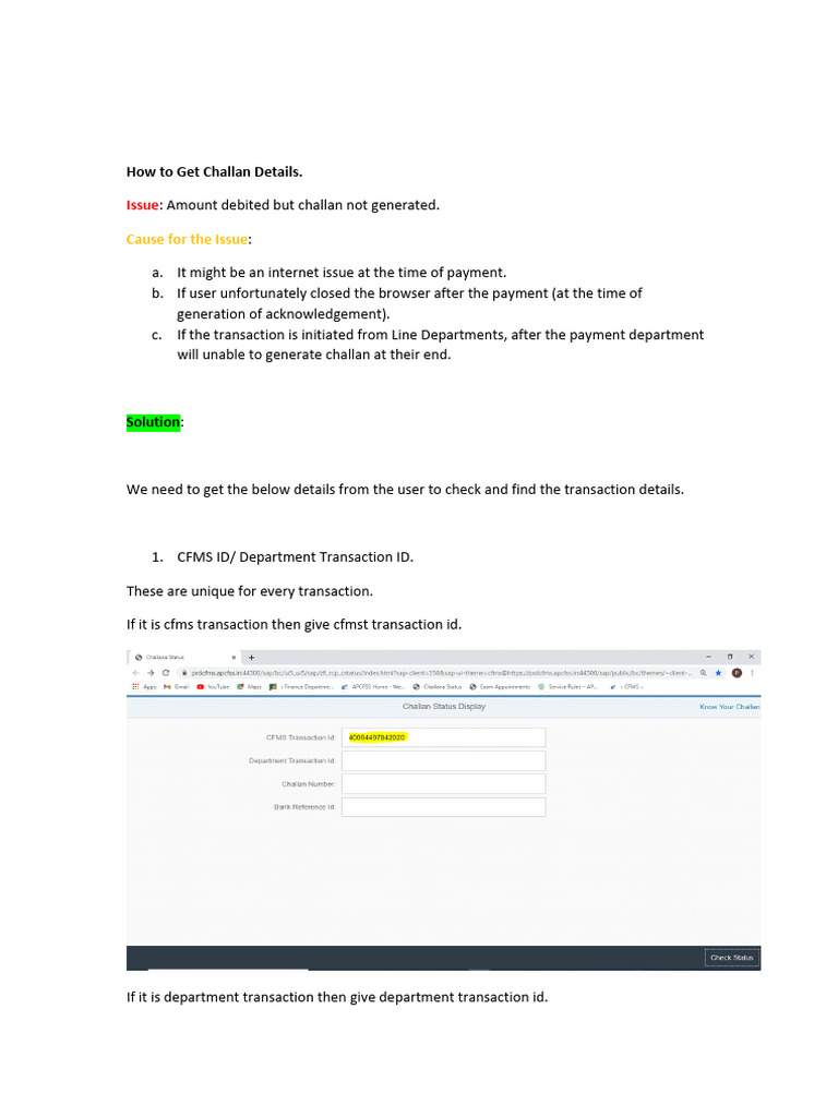 CFMS Challan Status and Solutions Guide | PDF